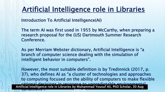 Artificial Intelligence role in Libraries | PPTX | Databases | Computer Software and Applications