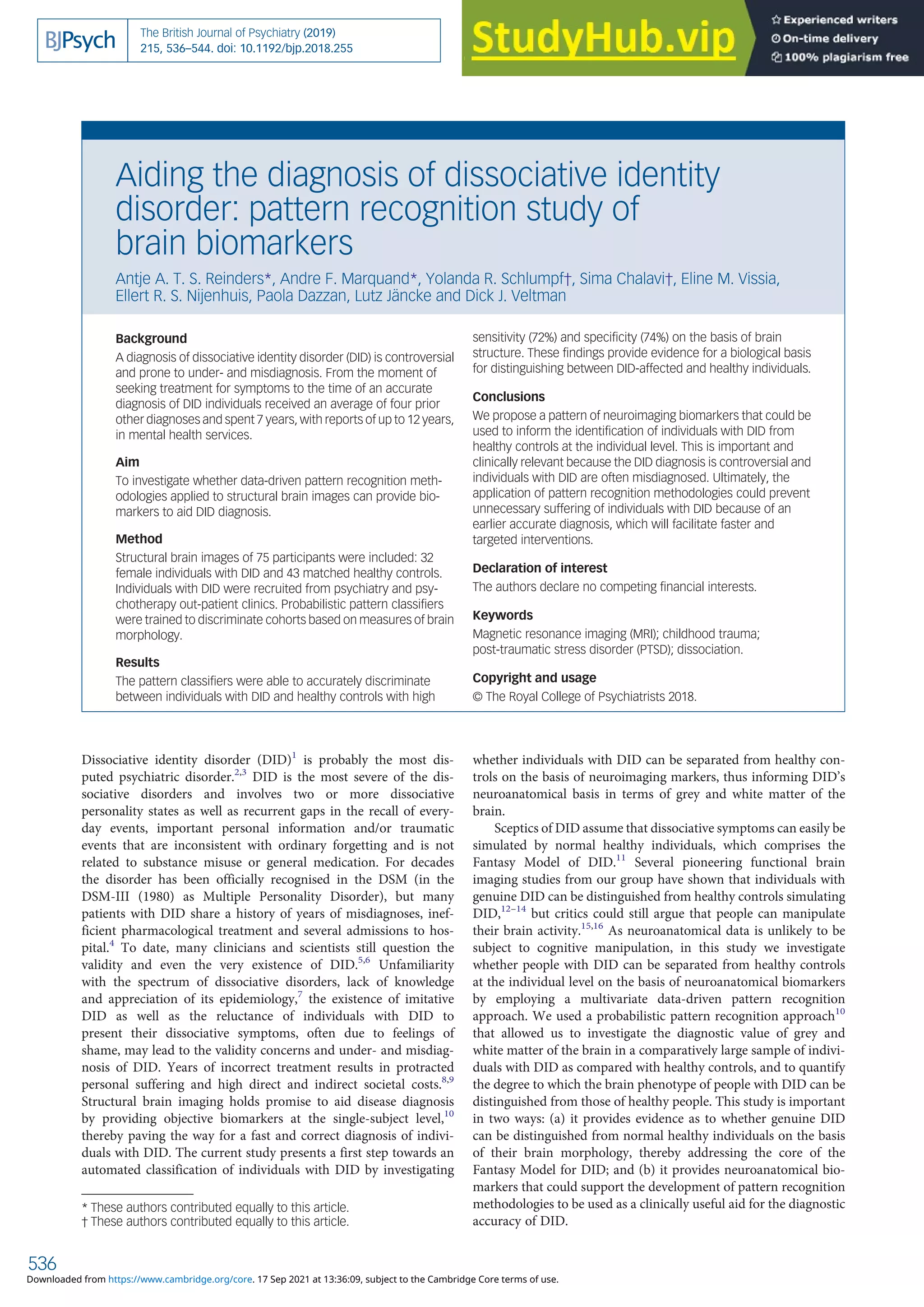 Aiding The Diagnosis Of Dissociative Identity Disorder Pattern Recognition Study Of Brain ...