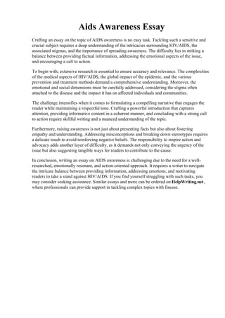 Aids Awareness Essay. HIV/AIDS: Transmission, Symptoms, Prevention ...