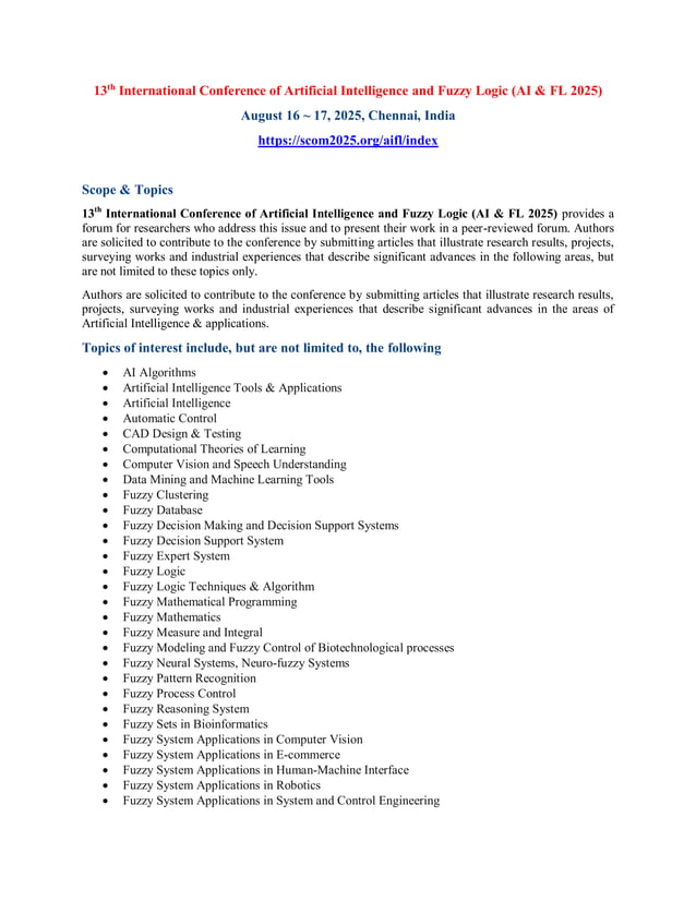 13th International Conference of Artificial Intelligence and Fuzzy Logic (AI & FL 2025) | PDF