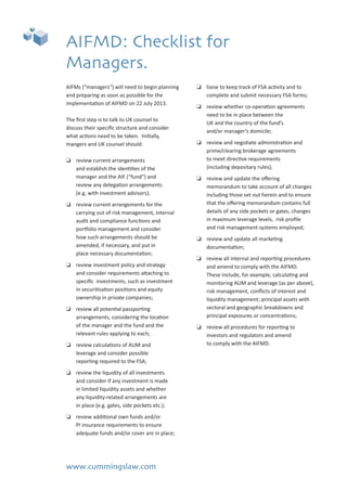 Aifmd checklist for managers cummings final | PDF