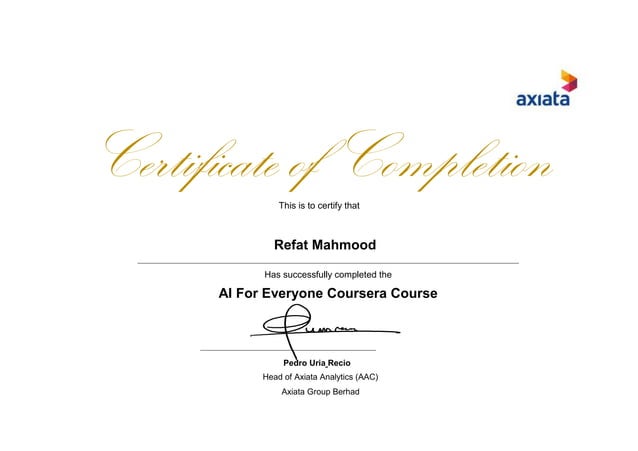 Ai for everyone certificate refat mahmood | PDF