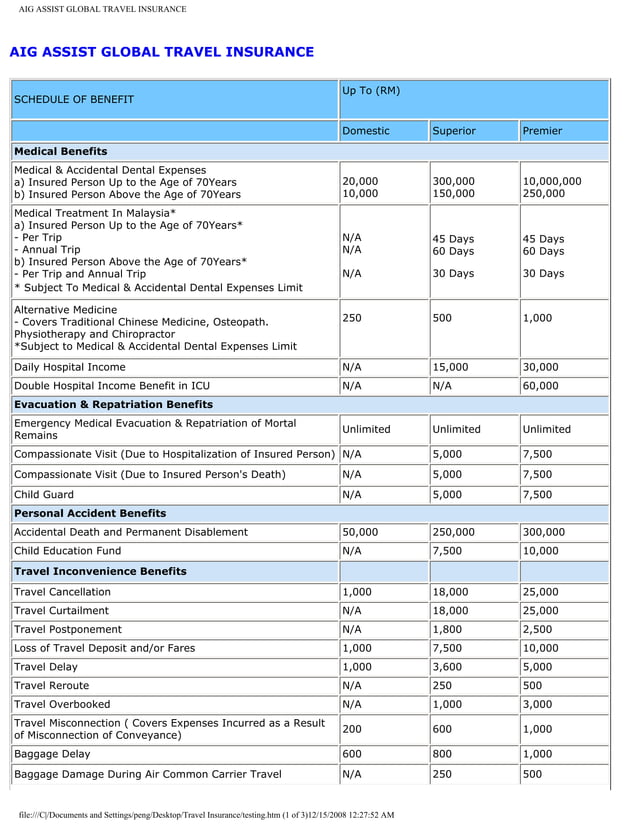 Aig Assist Global Travel Insurance | PDF