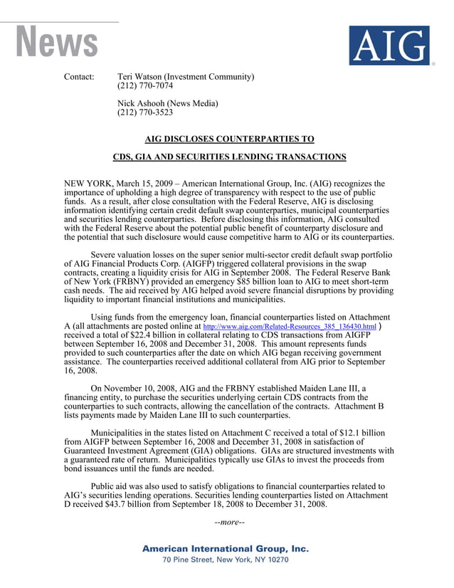 AIG DISCLOSES COUNTERPARTIES TO CDS, GIA AND SECURITIES LENDING TRANSACTIONS | PDF | Stocks and ...