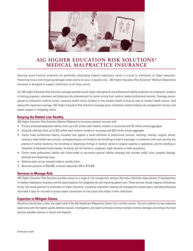 Aig Higher Education Risk Solutions Medical Malpractice Insurance Securing Sound | PDF