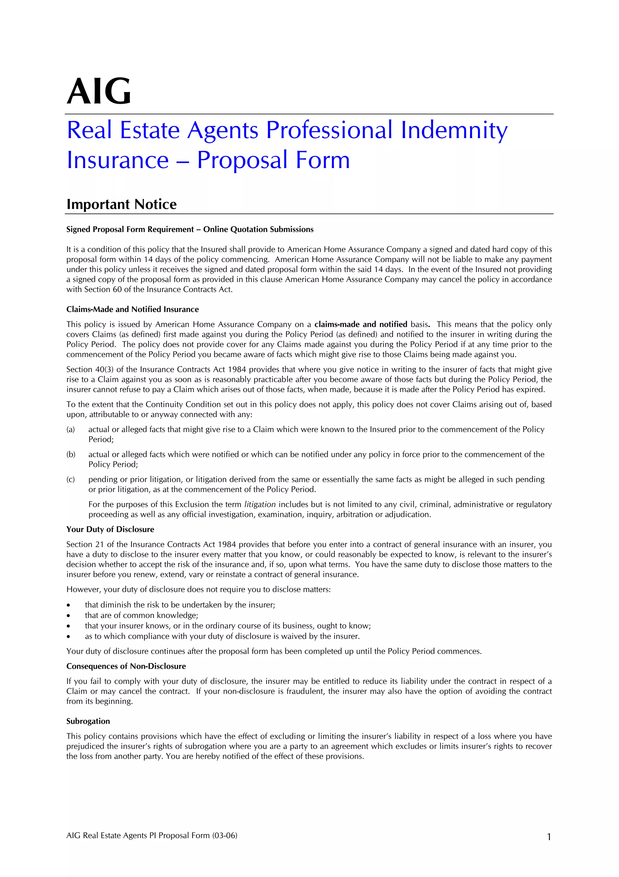 Aig Real Estate Agents Professional Indemnity Insurance Proposal Form ...