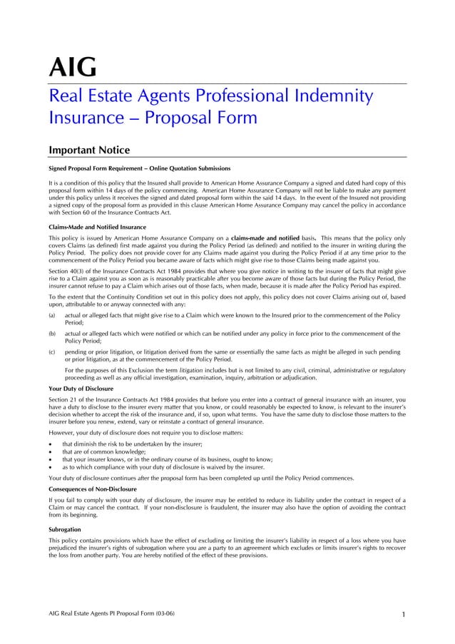 Aig Real Estate Agents Professional Indemnity Insurance Proposal Form ...