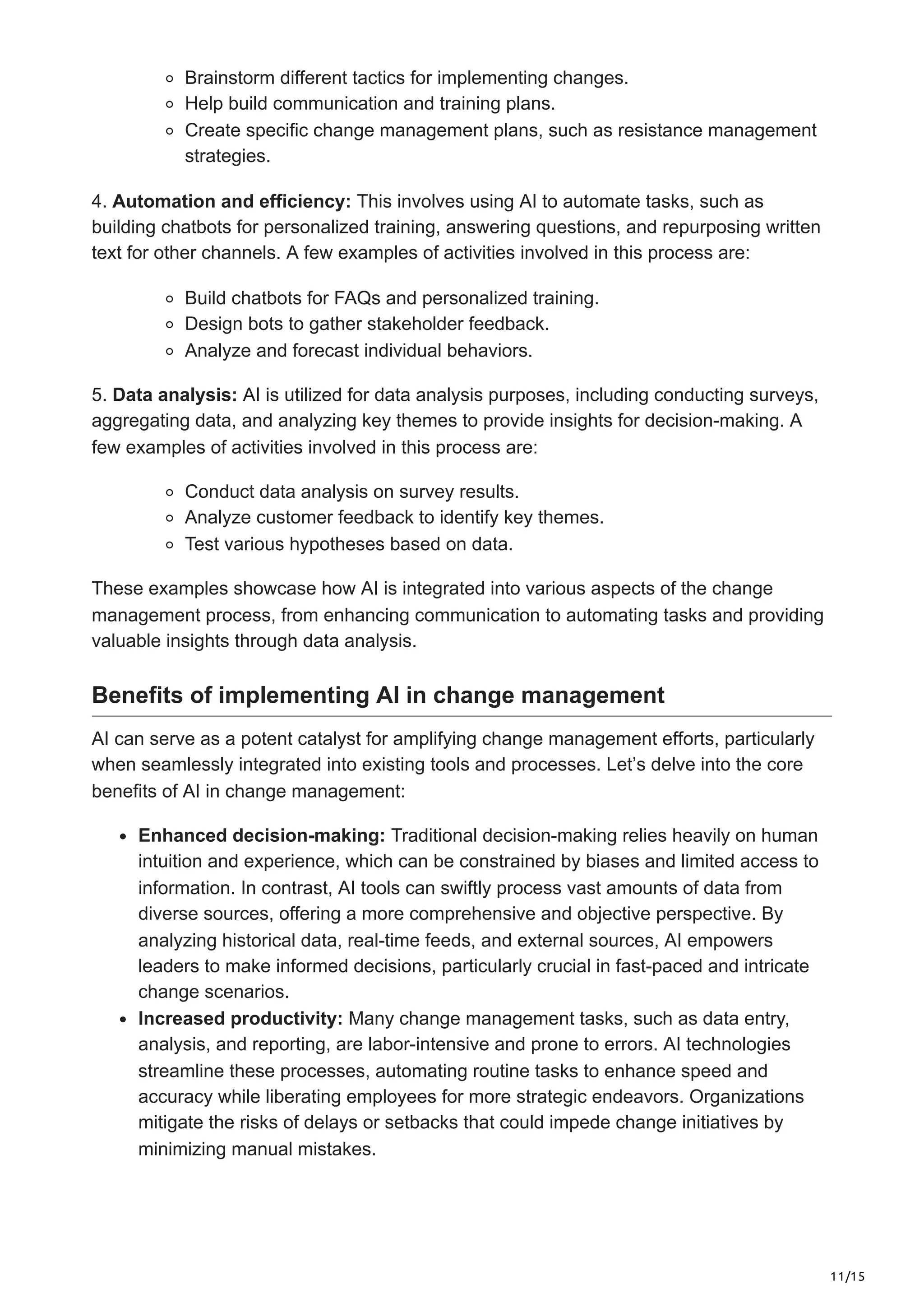 AI in Change Management Use Cases Applications Implementation and Benefits | PDF