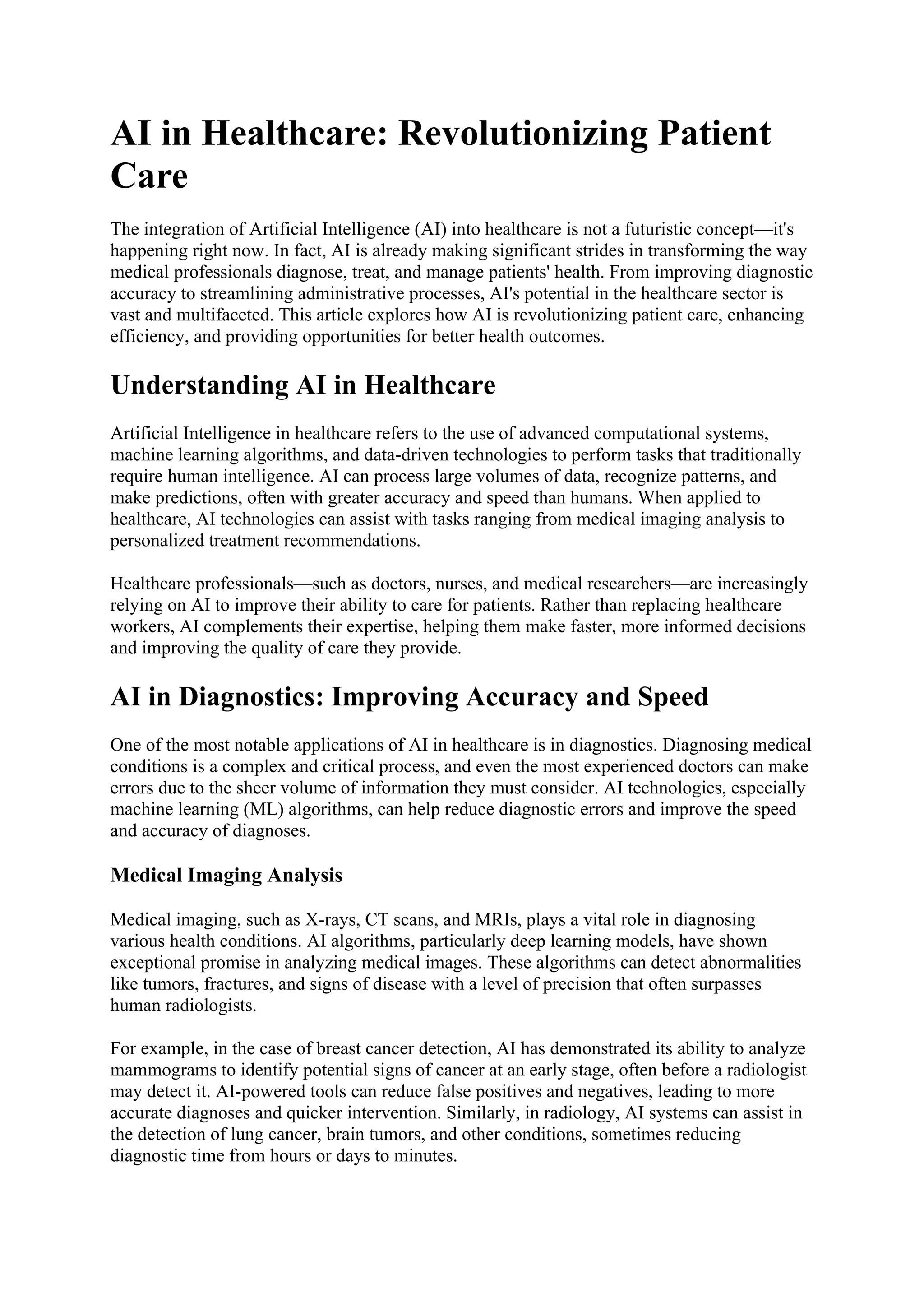 AI in Healthcare : Revolutionizing Patient Care | DOCX