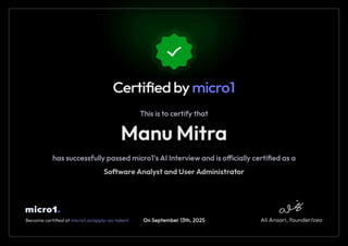 AI Interview Certificate by Micro1 as Software | PDF