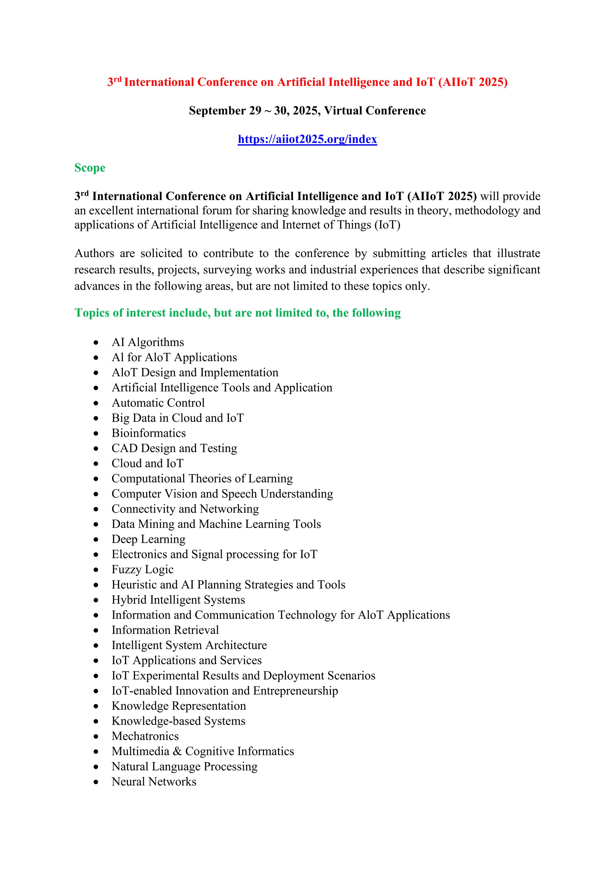 3rd International Conference on Artificial Intelligence and IoT (AIIoT 2025) | PDF