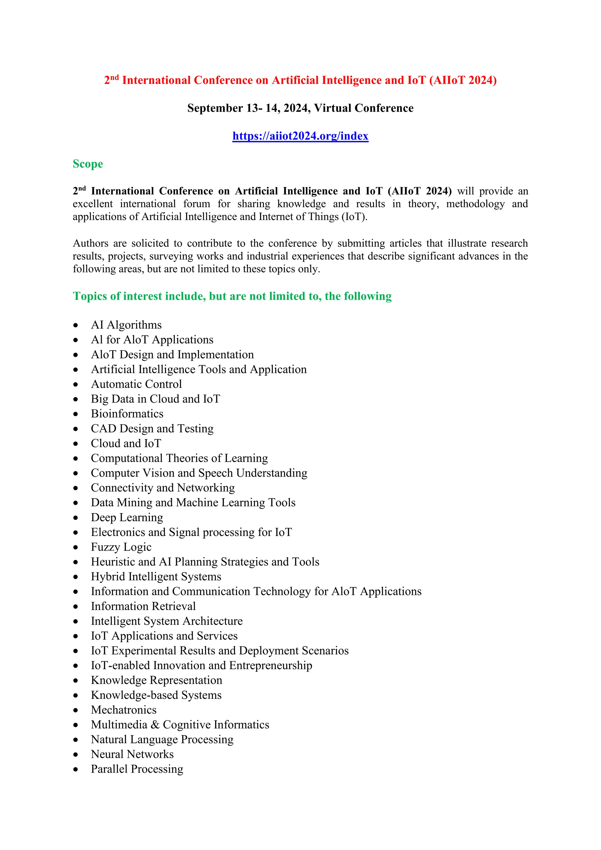 2nd International Conference on Artificial Intelligence and IoT (AIIoT 2024) | PDF