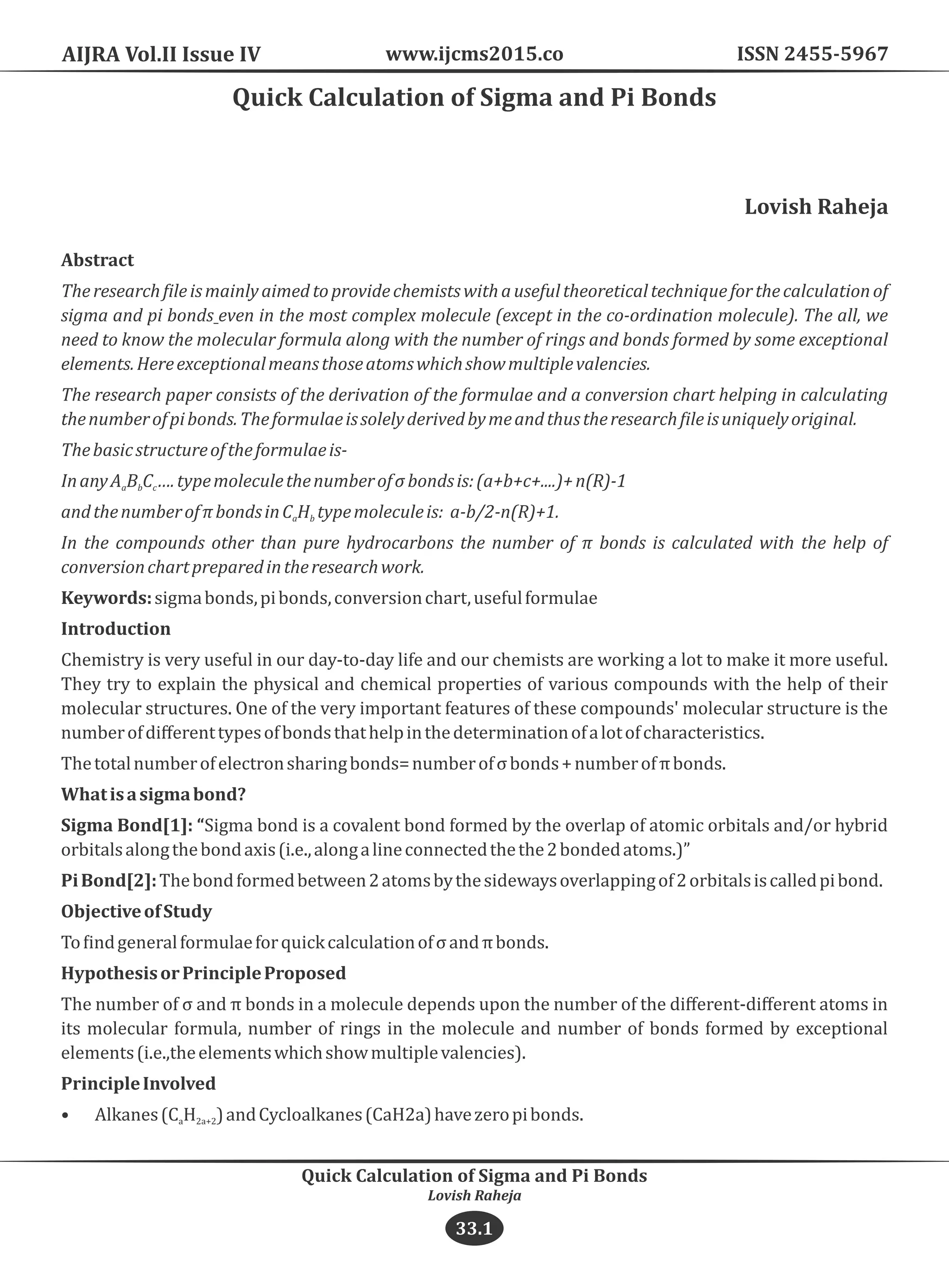 Quick Calculation of Sigma and Pi Bond by Lovish Raheja | PDF