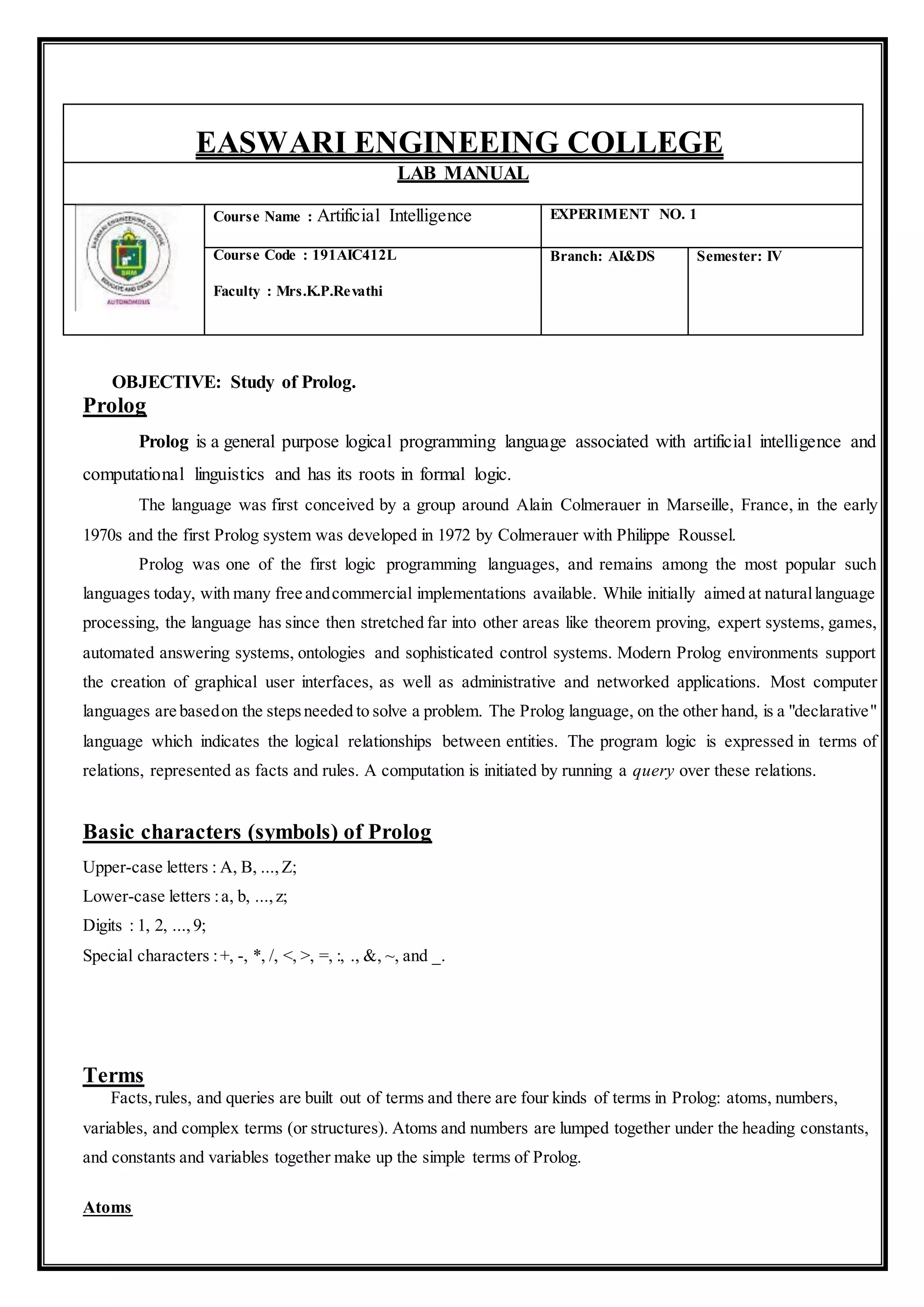 AI Lab Manual.docx | Programming Languages | Computing