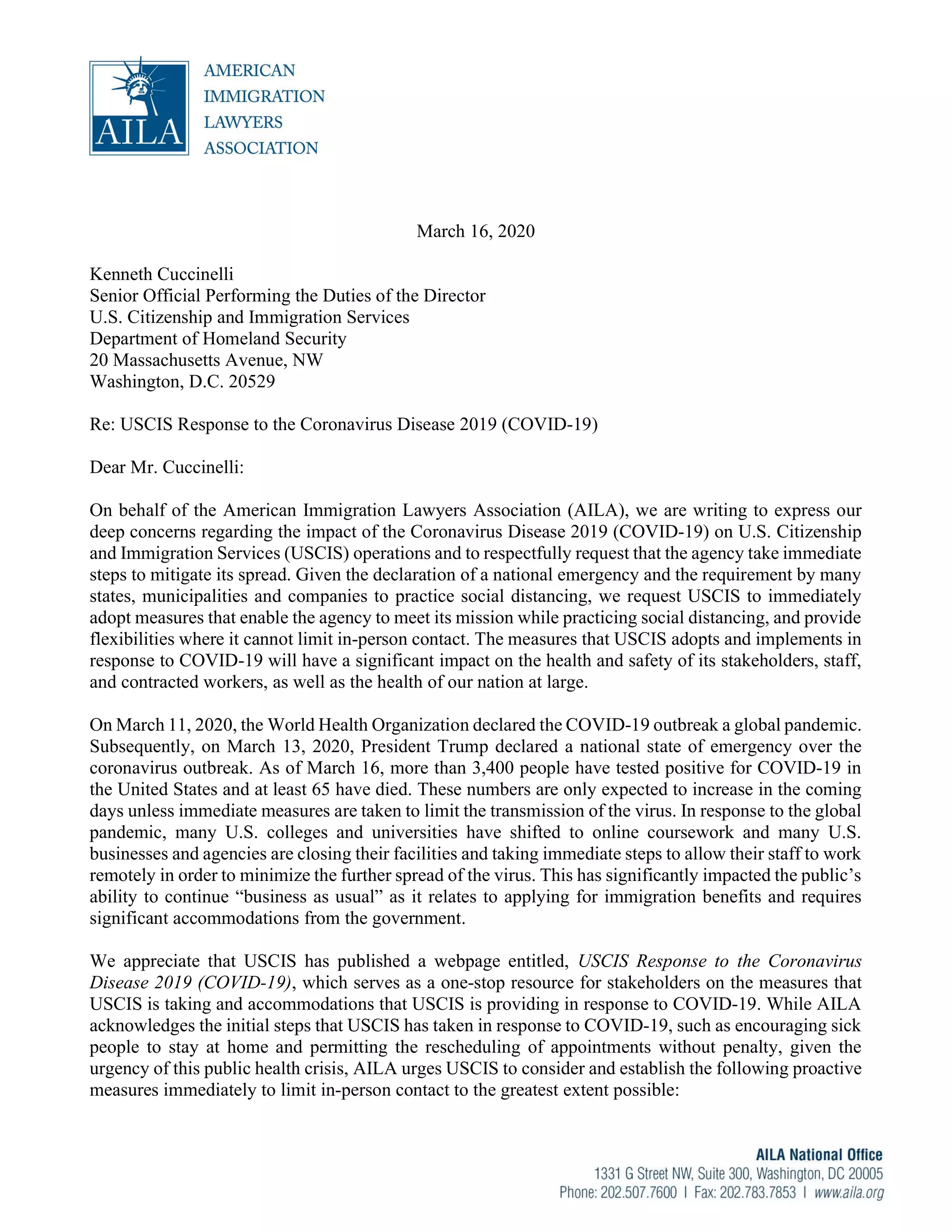 Aila letter regarding uscis response to the coronavirus disease 2019 ...