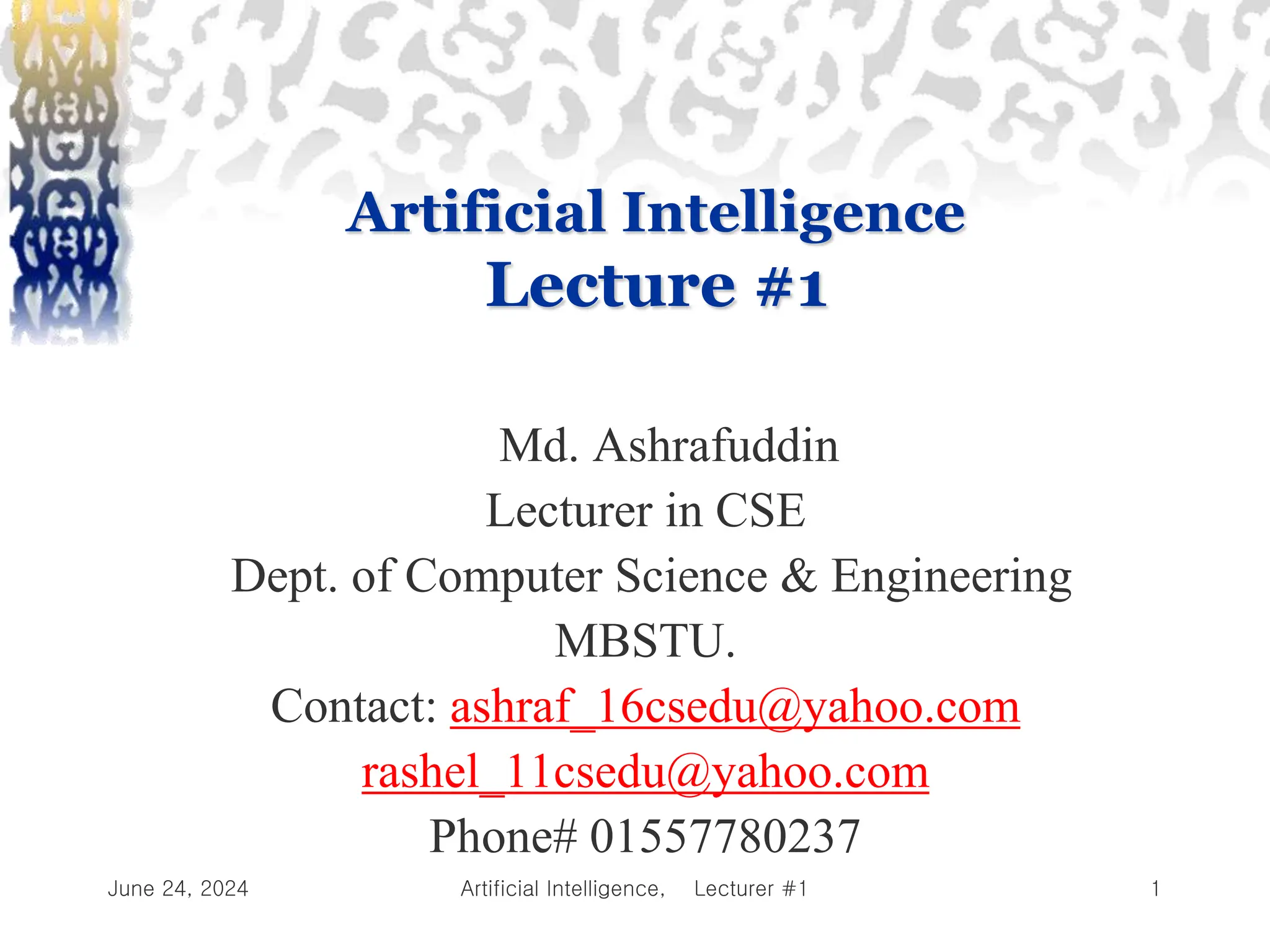 Artificial Intelligence Lecture Slide 01 | PPT