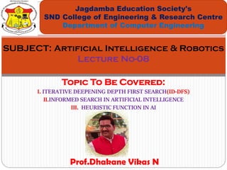 I.ITERATIVE DEEPENING DEPTH FIRST SEARCH(ID-DFS) II.INFORMED SEARCH IN ...