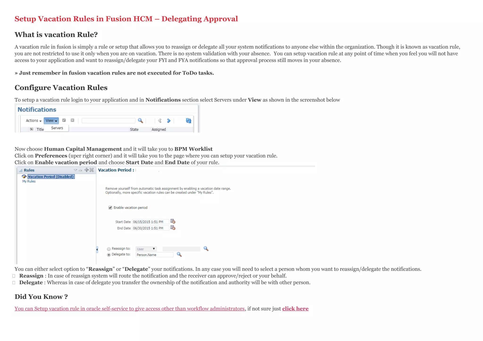 Setup Vacation Rules in Fusion HCM â€“ Delegating Approval | PDF