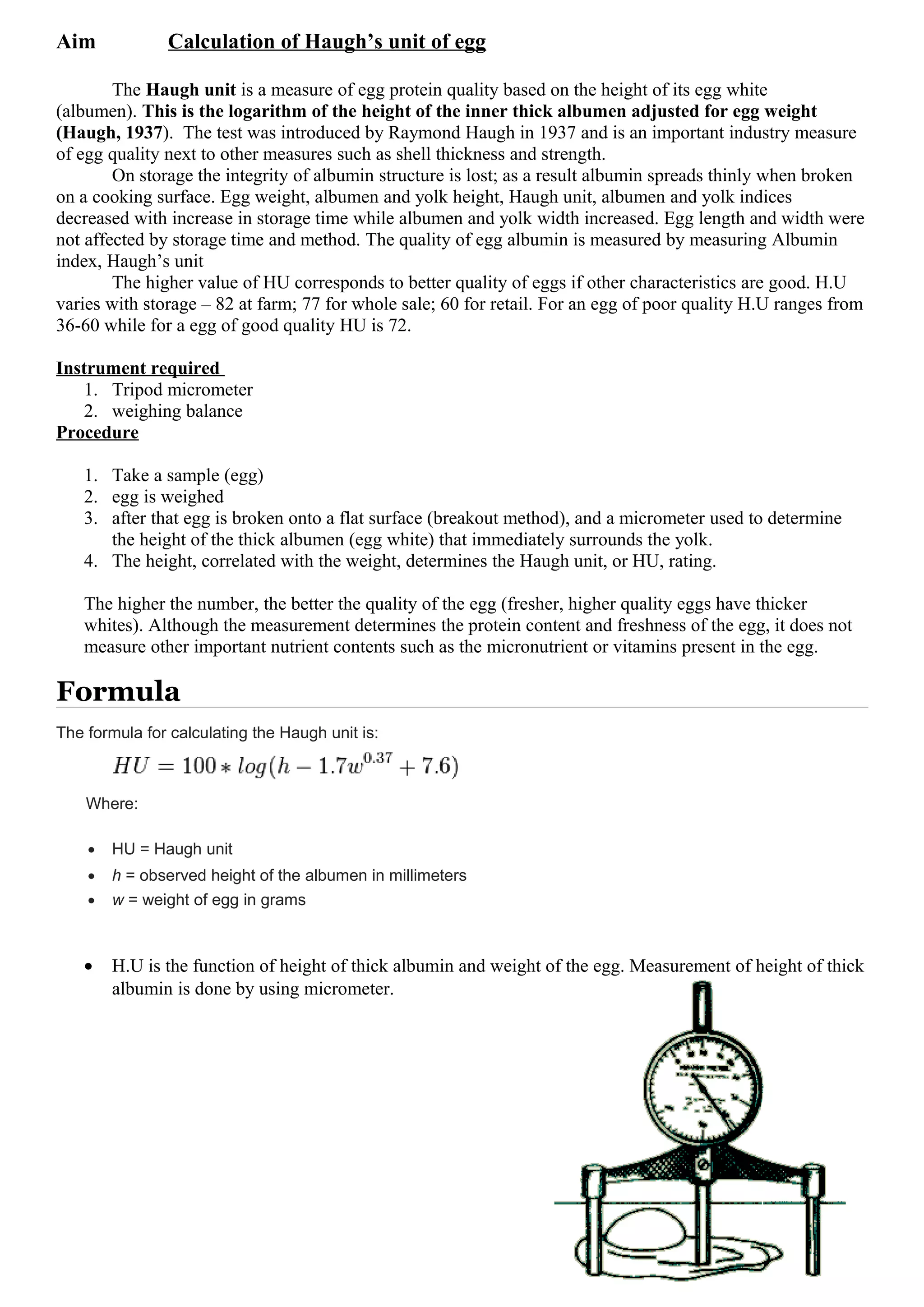 calculation of haugh unit of egg | DOC