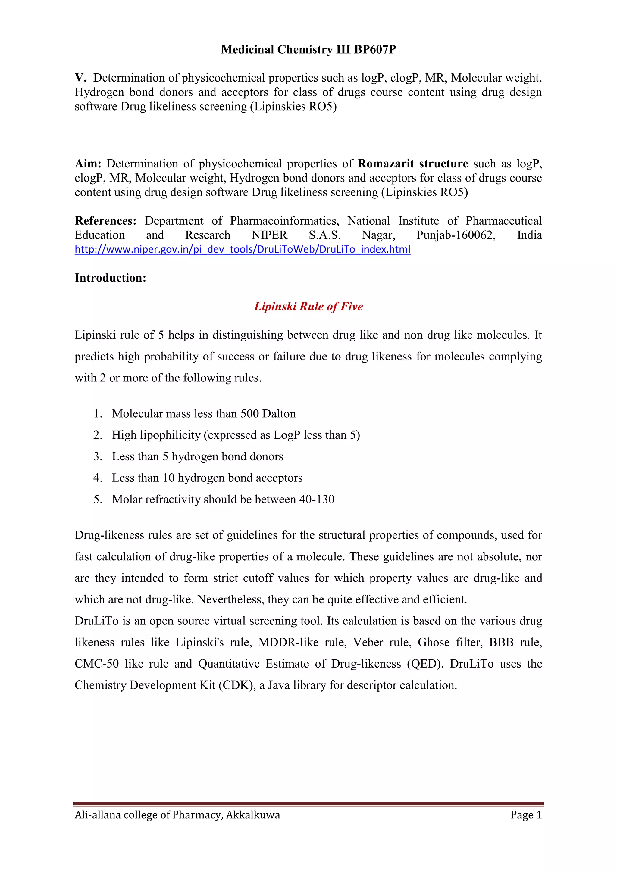 Aim determination of physicochemical properties of romazarit structure | PDF