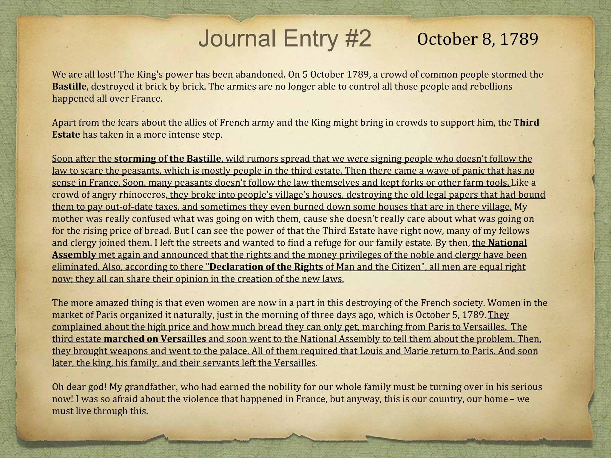 Aimée’s journal entry french revolution | PPTX