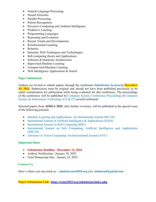 CFP - 5th International Conference on AI, Machine Learning and Applications (AIMLA 2025) | PDF