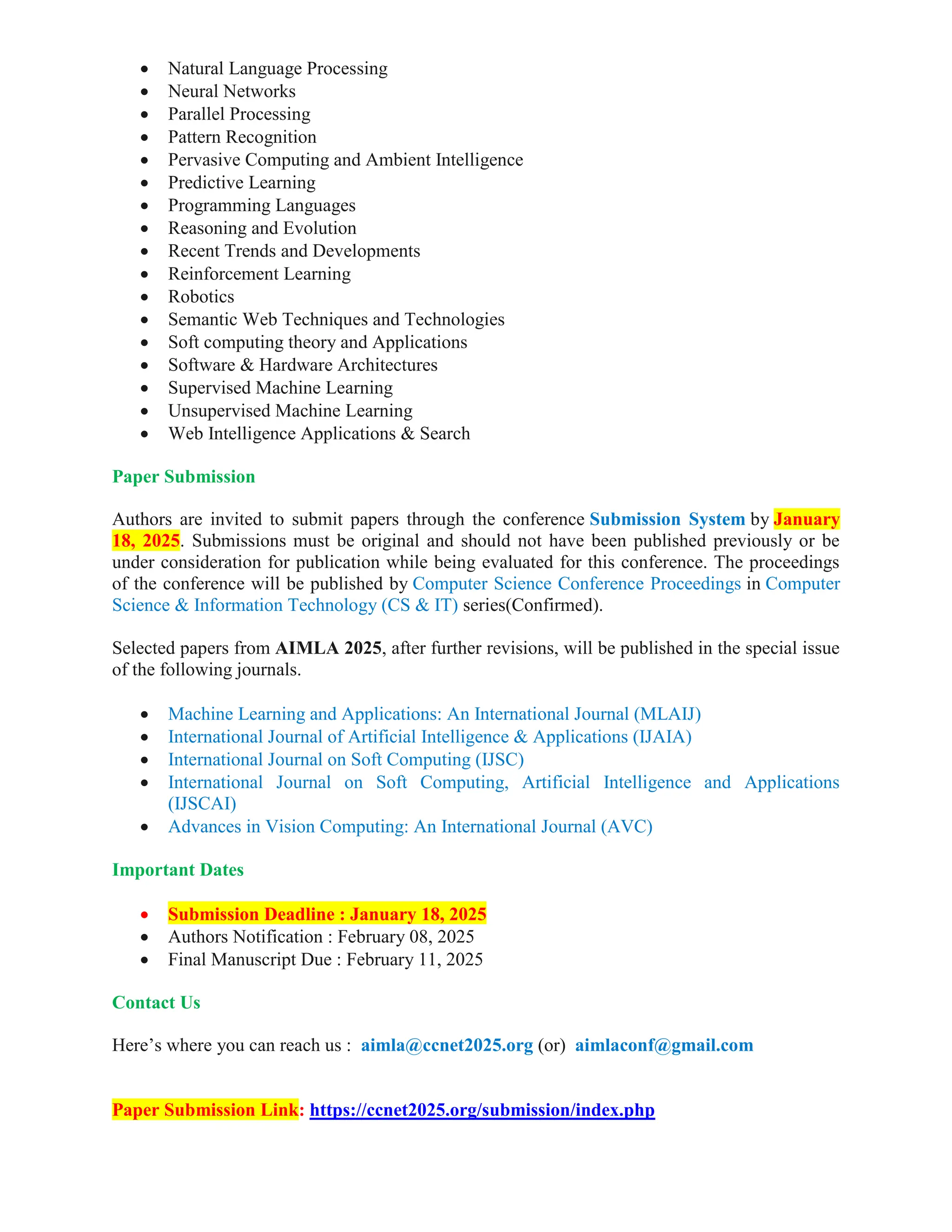 5th International Conference on AI, Machine Learning and Applications (AIMLA 2025) | PDF