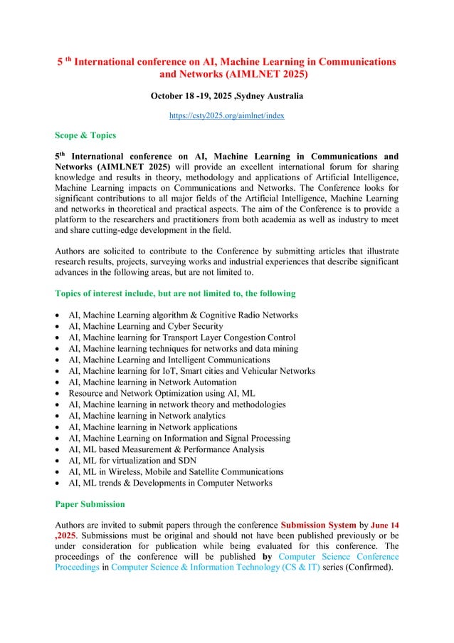 5th International Conference on AI, Machine Learning in Communications ...