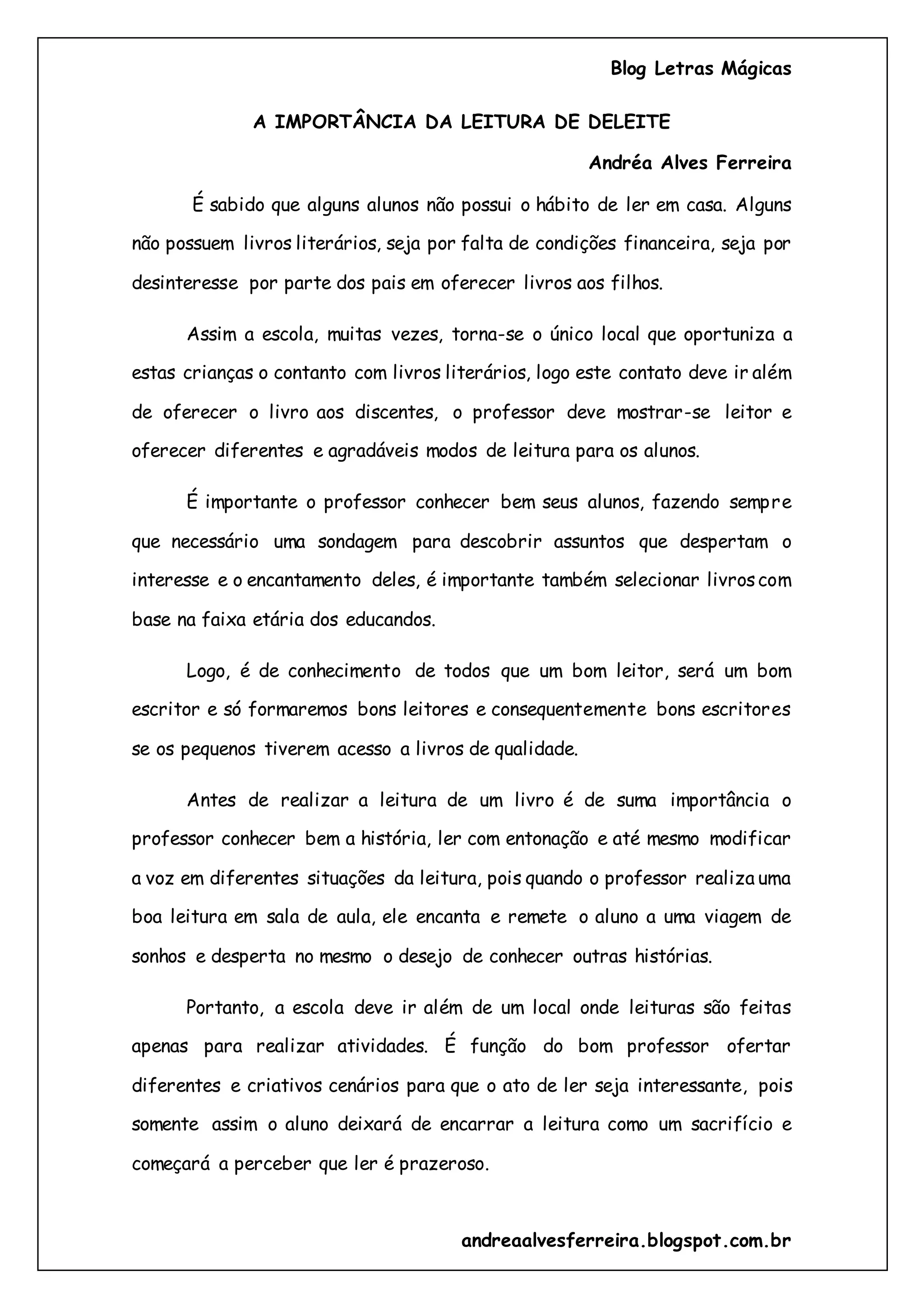 A IMPORTÂNCIA DA LEITURA DE DELEITE | DOCX