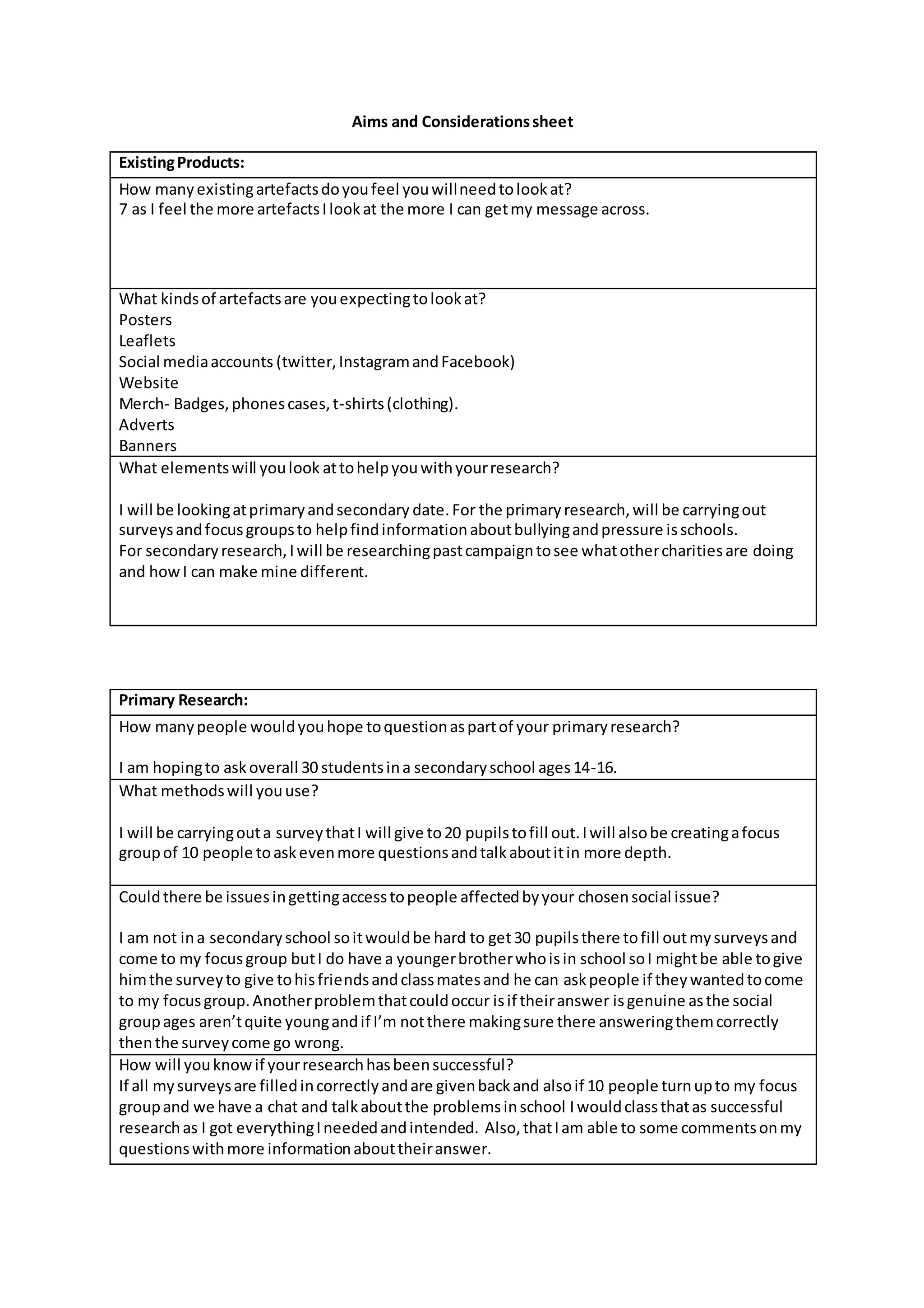 Aims and considerations sheet | PDF
