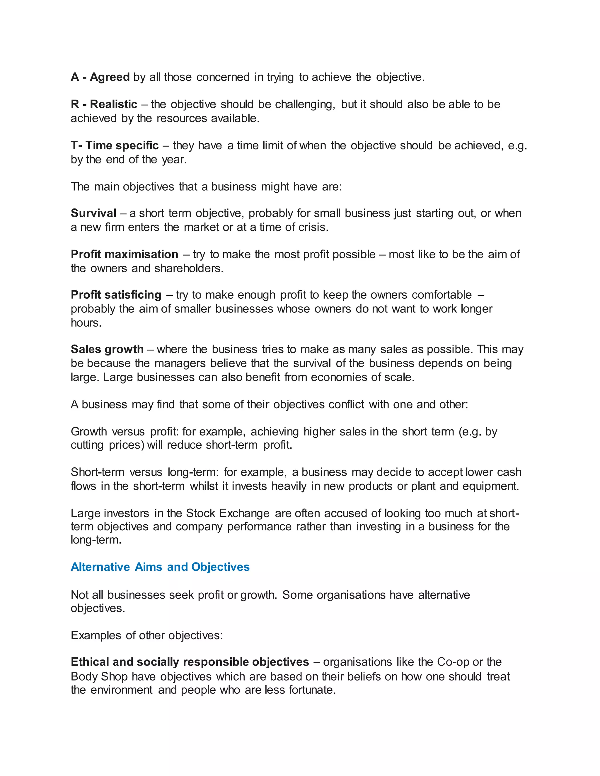 Aims and objectives of a business | DOCX | Business | Business and Finance