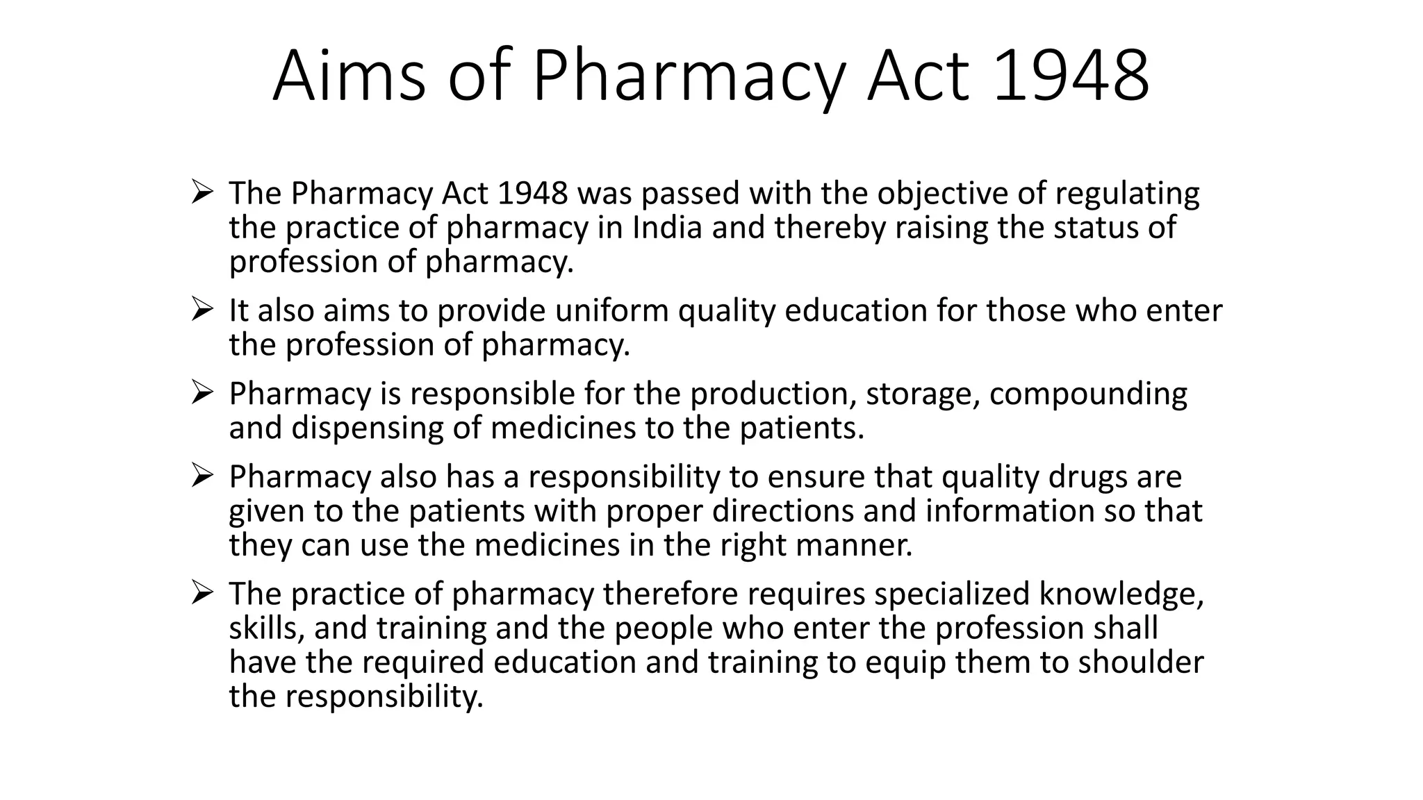 Aims of pharmacy act 1948 | PDF