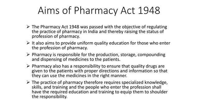 Aims of pharmacy act 1948 | PDF