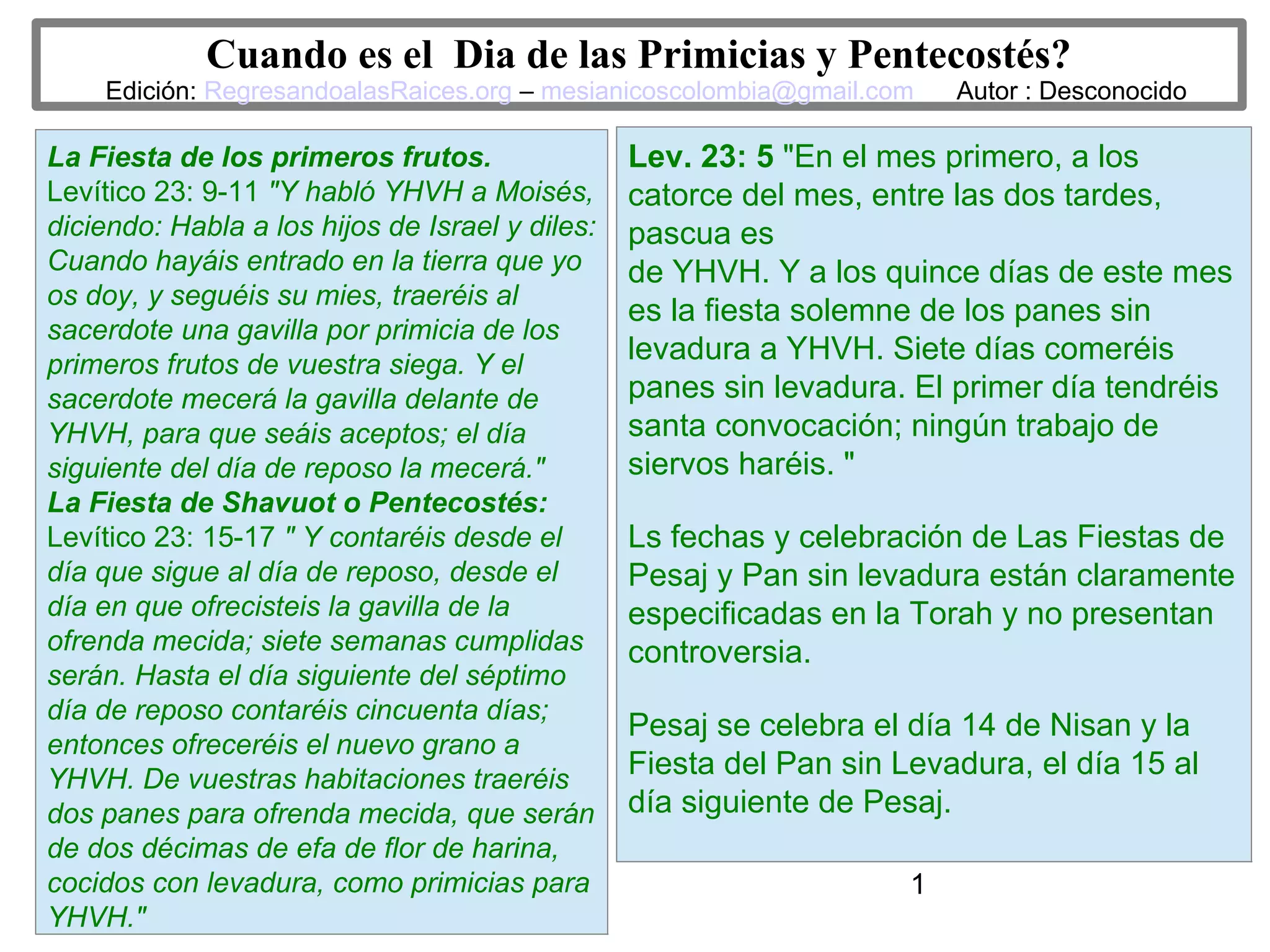 Cuando es el dia de las primicias y pentecostés? | PDF