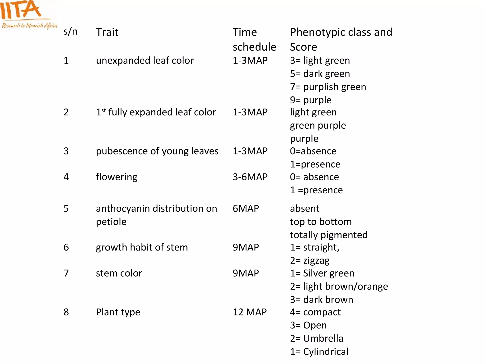 Cassava Morphological Characteristics and trait evaluation at different ...
