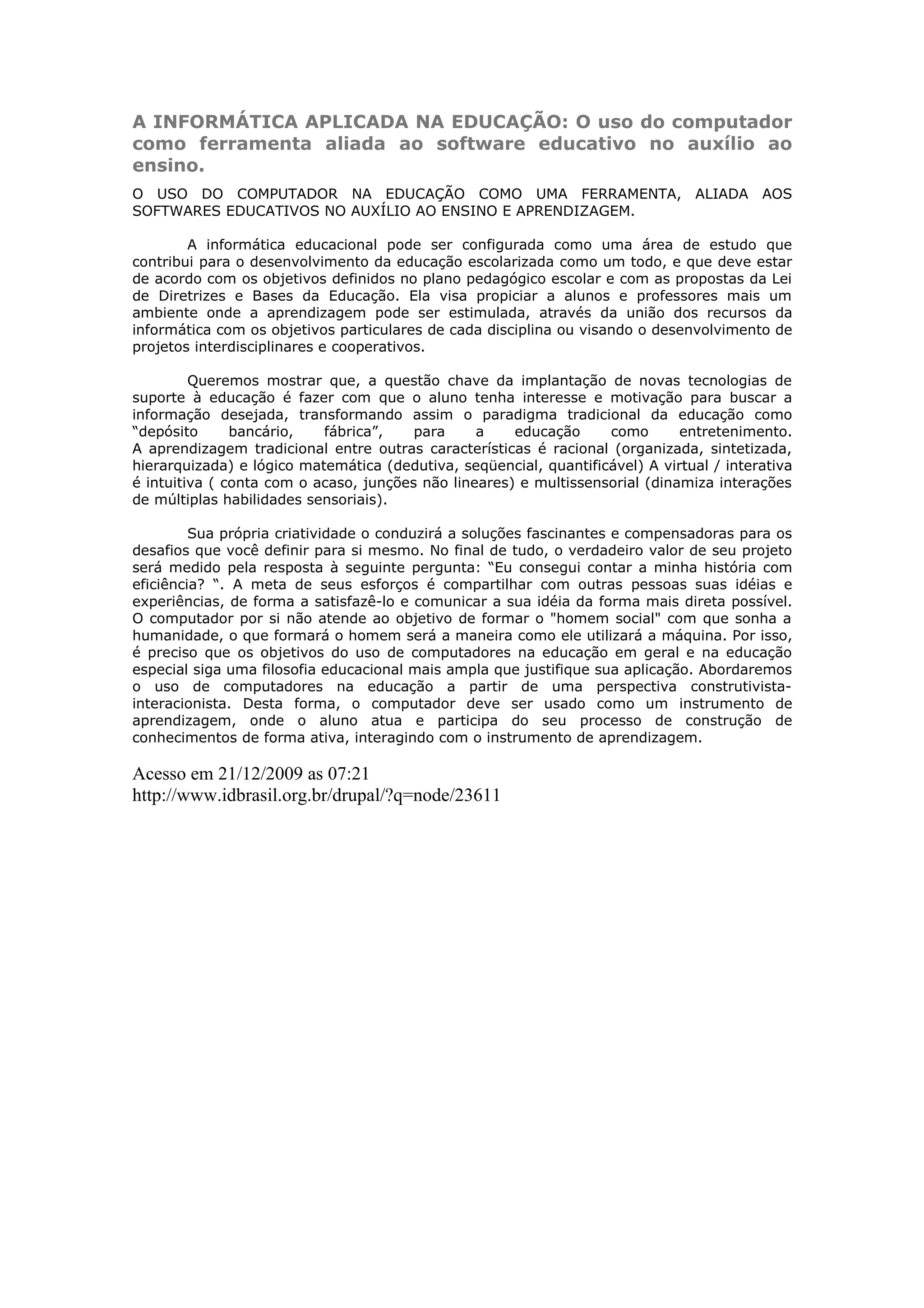 A InformáTica Aplicada Na EducaçãO Texto Para O Blog | DOC