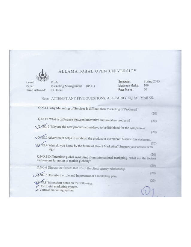 AIOU Old Paper Marketing Management (8511) Spring 2015 | PDF