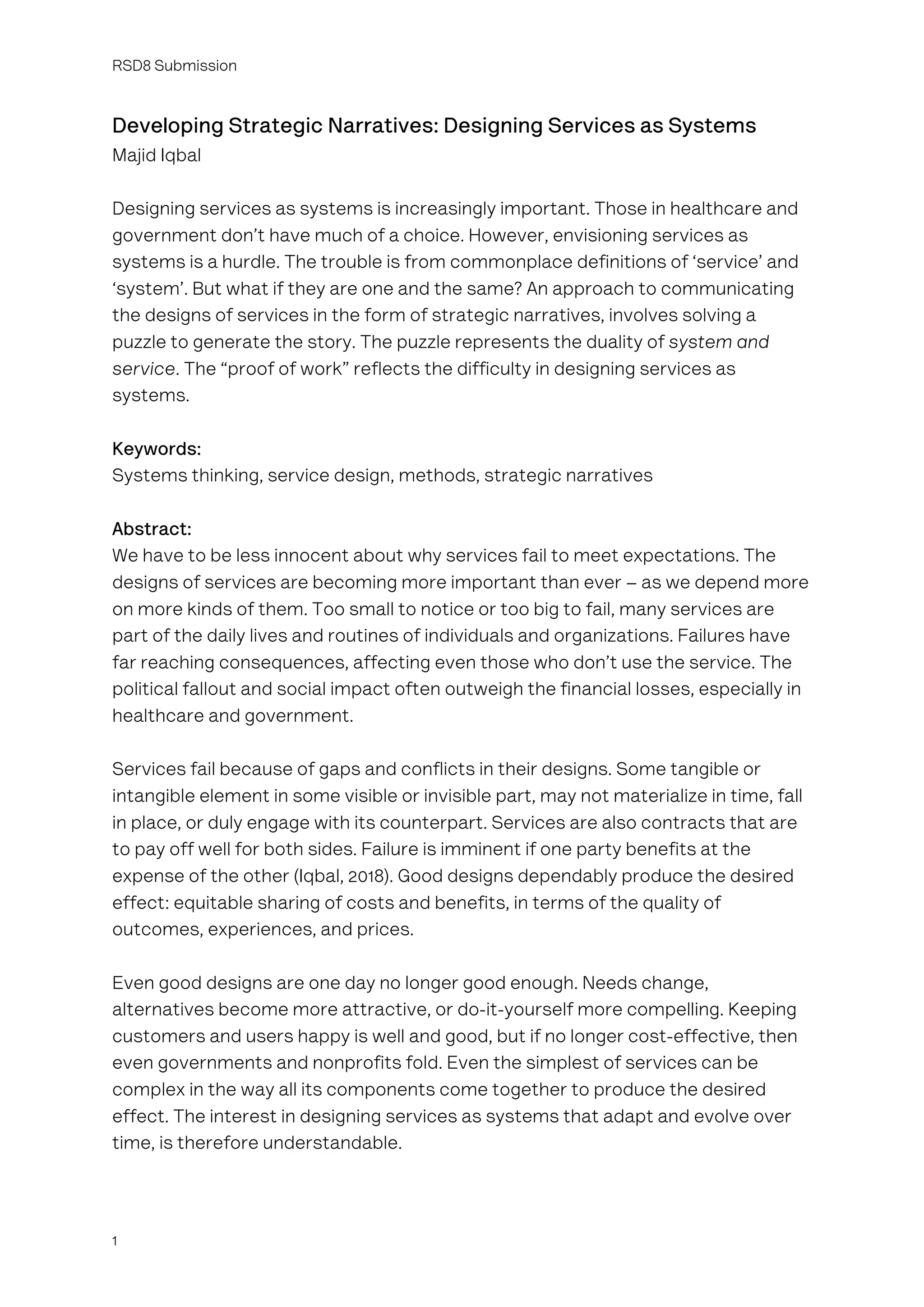 Iqbal Developing Strategic Narratives: Designing Services as Systems | PDF