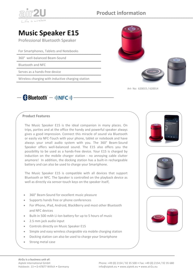 Air2 u music-speaker-e15_datasheet | PDF