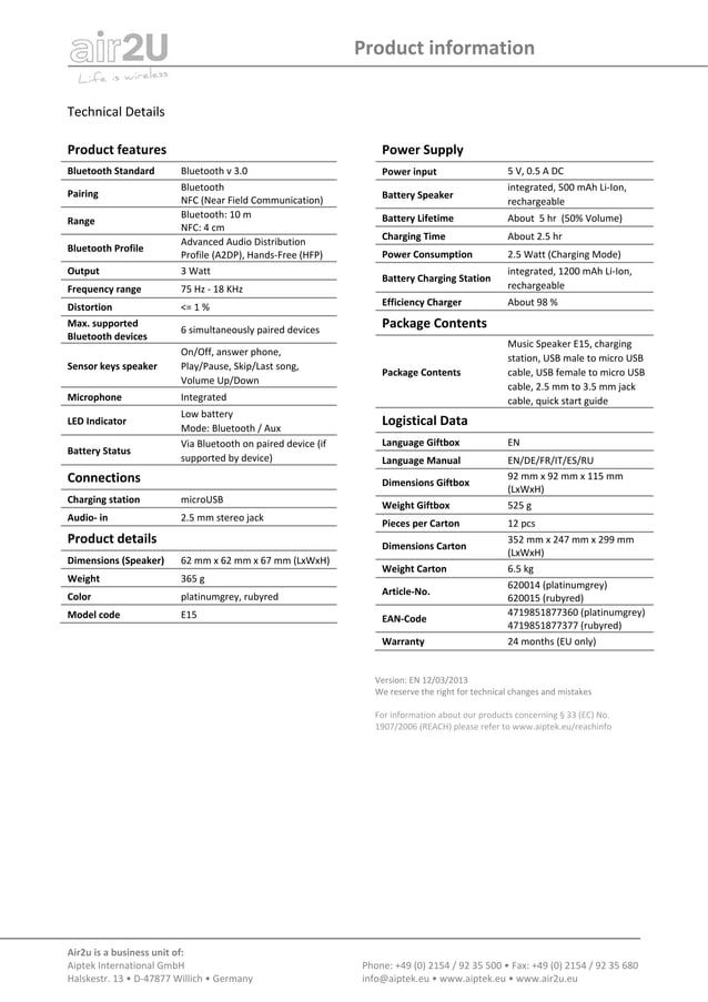 Air2 u music-speaker-e15_datasheet | PDF