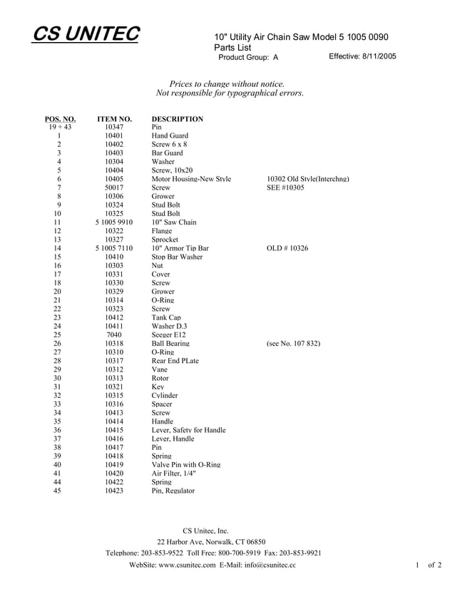 CS Unitec Pneumatic Chain Saw: 5 1005 0090 | PDF
