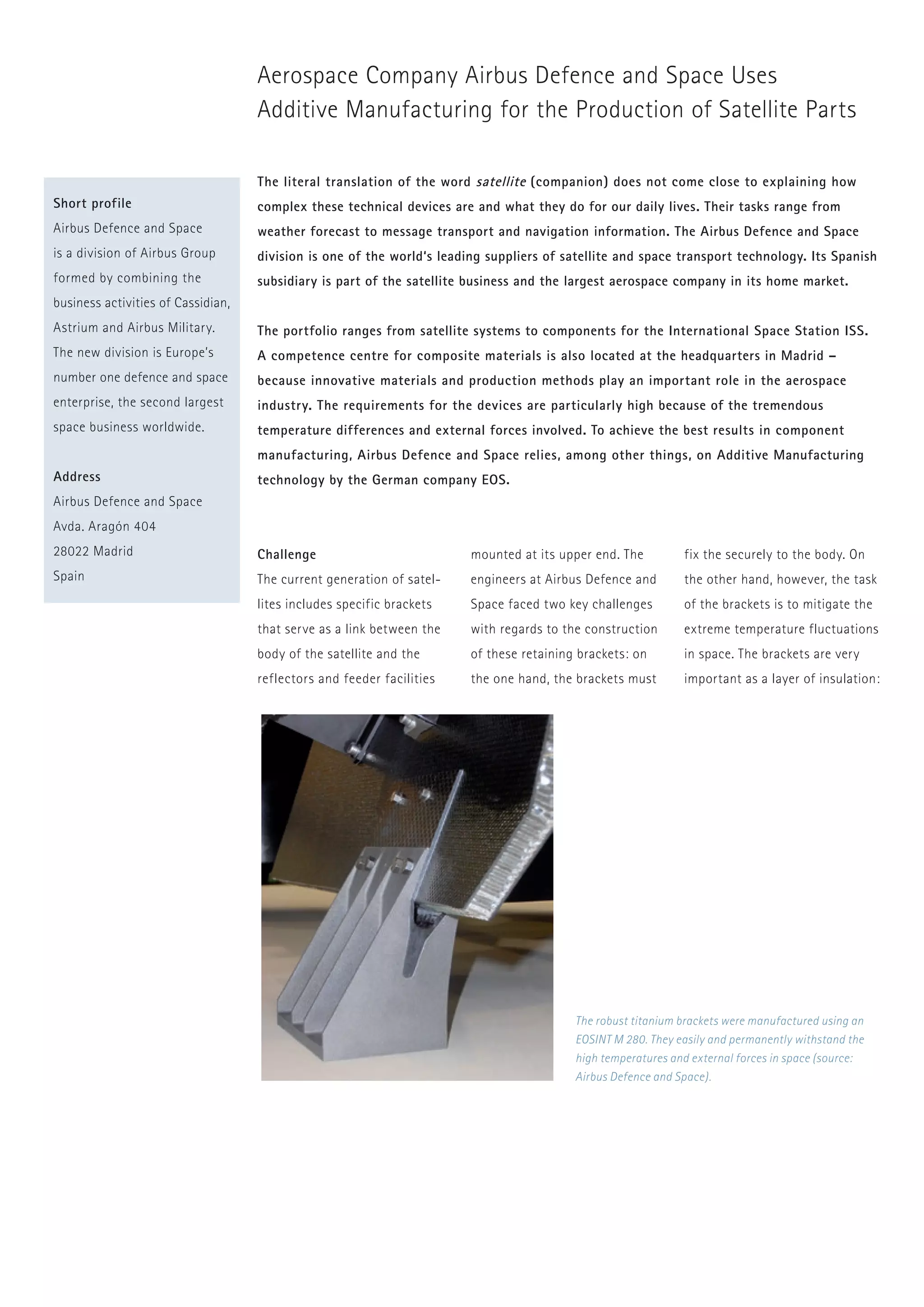 Airbus Defence Space - 3D Printing Additive EOS | PDF