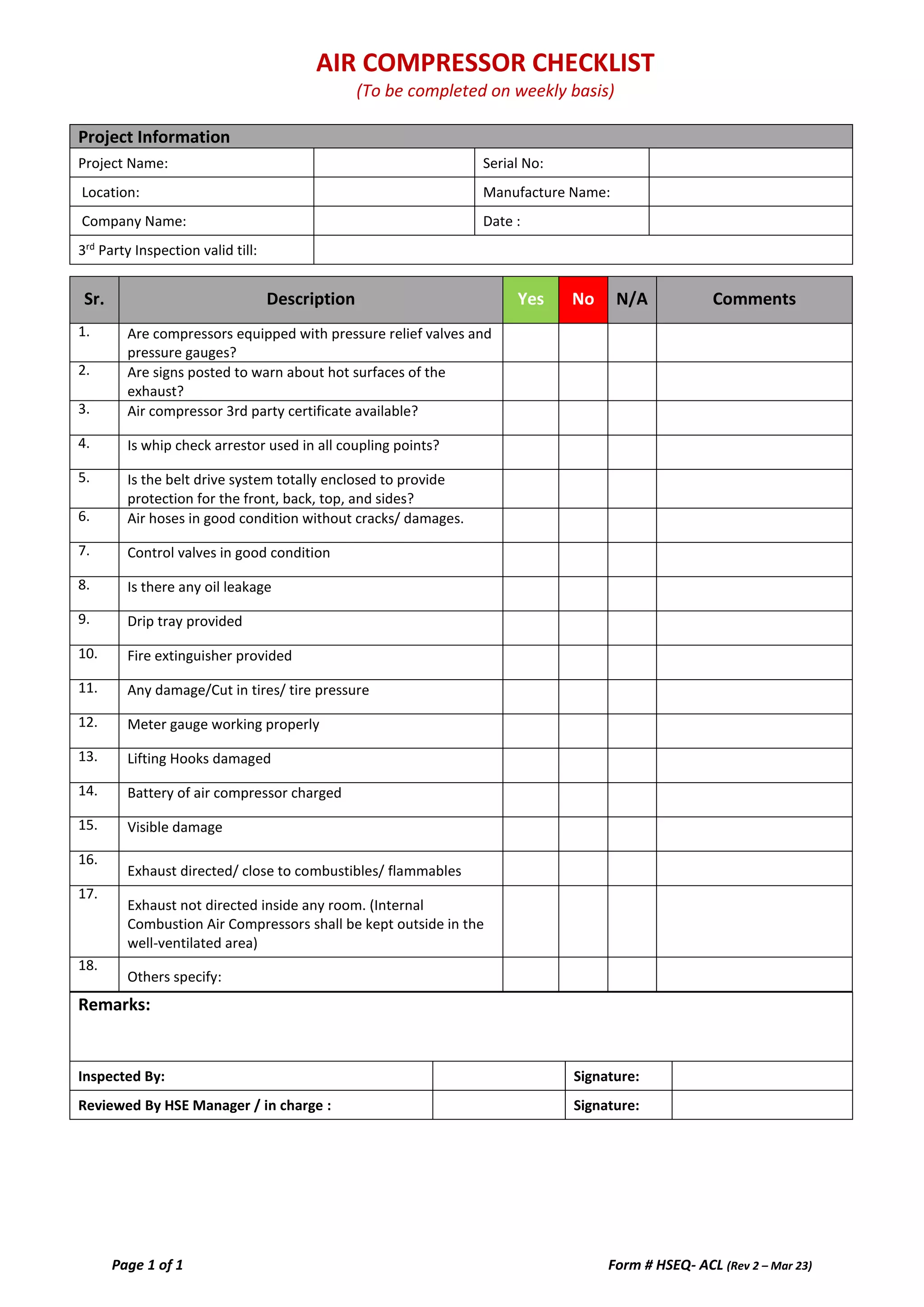 AIR COMPRESSOR CHECKLIST Form # HSEQ - ACL Rev 2.docx