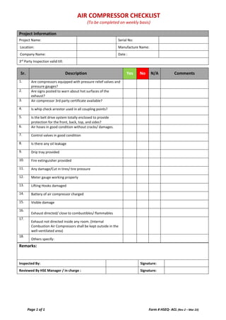 AIR COMPRESSOR CHECKLIST Form # HSEQ - ACL Rev 2.docx