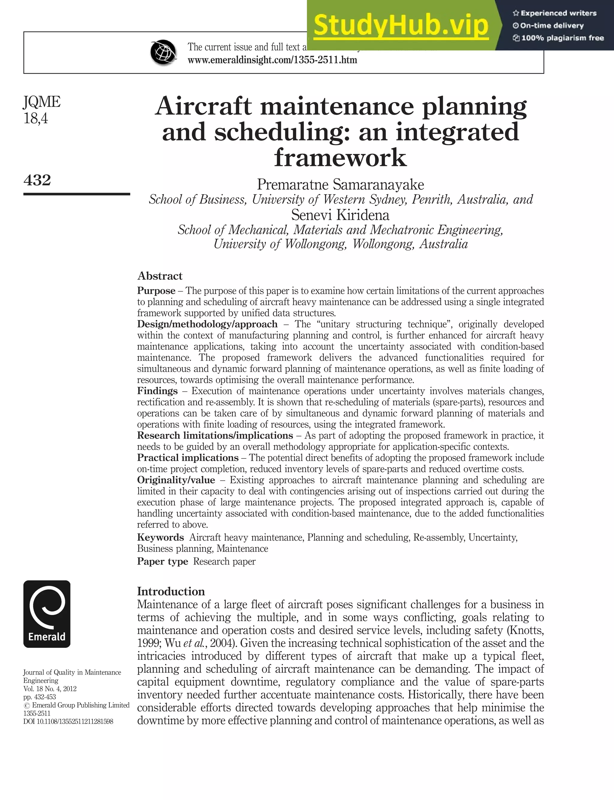 Aircraft Maintenance Planning And Scheduling An Integrated Framework | PDF