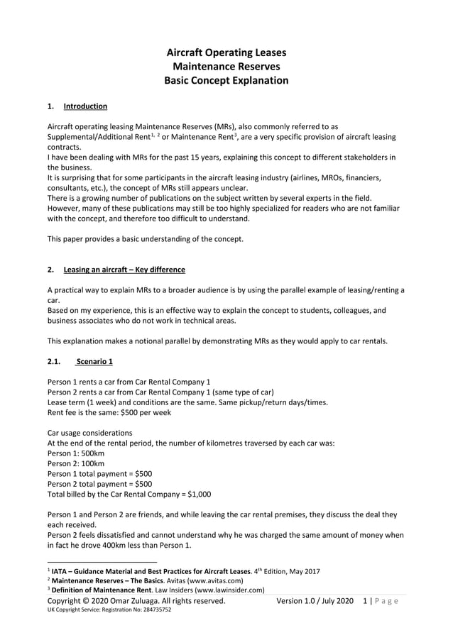 Aircraft operating leases maintenance reserves - basic concept ...