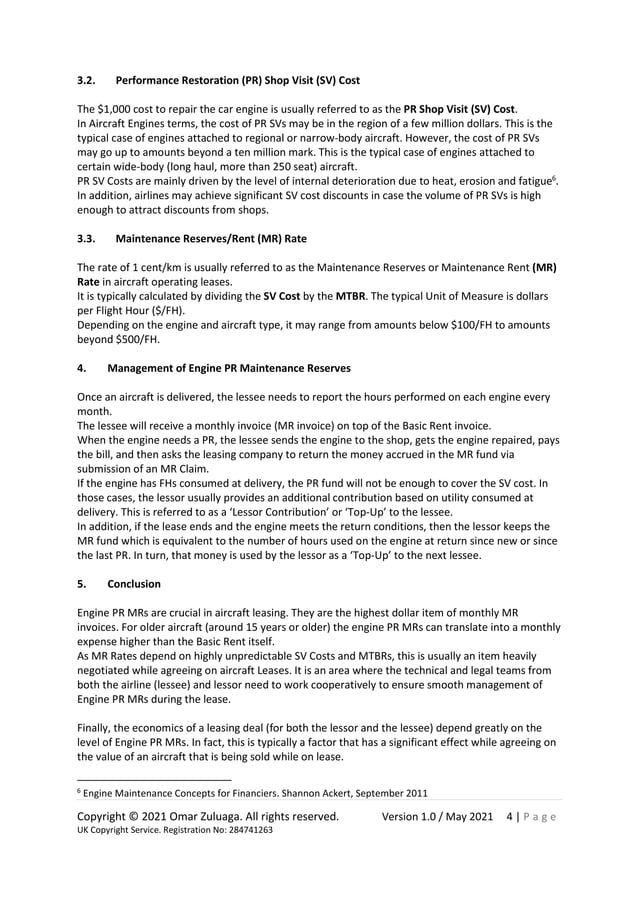 Aircraft Operating Leases Engine PR MRs Basic Concept Explanation | PDF