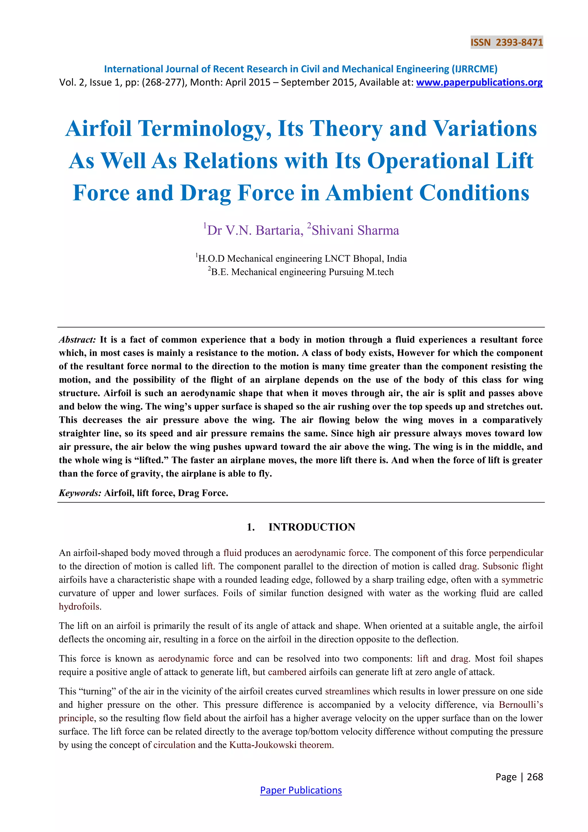 Airfoil Terminology, Its Theory and Variations As Well As Relations ...