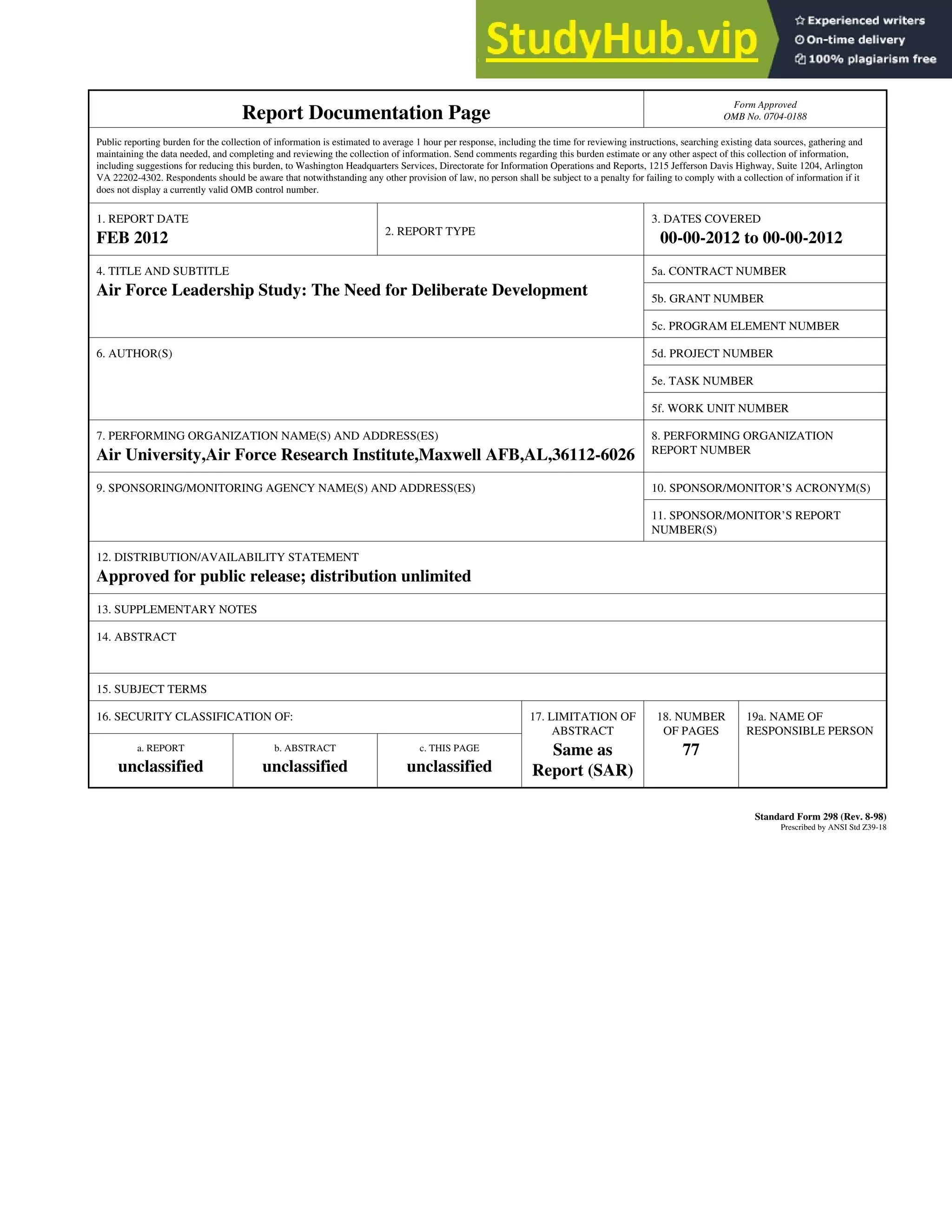 Air Force Leadership Study The Need For Deliberate Development | PDF