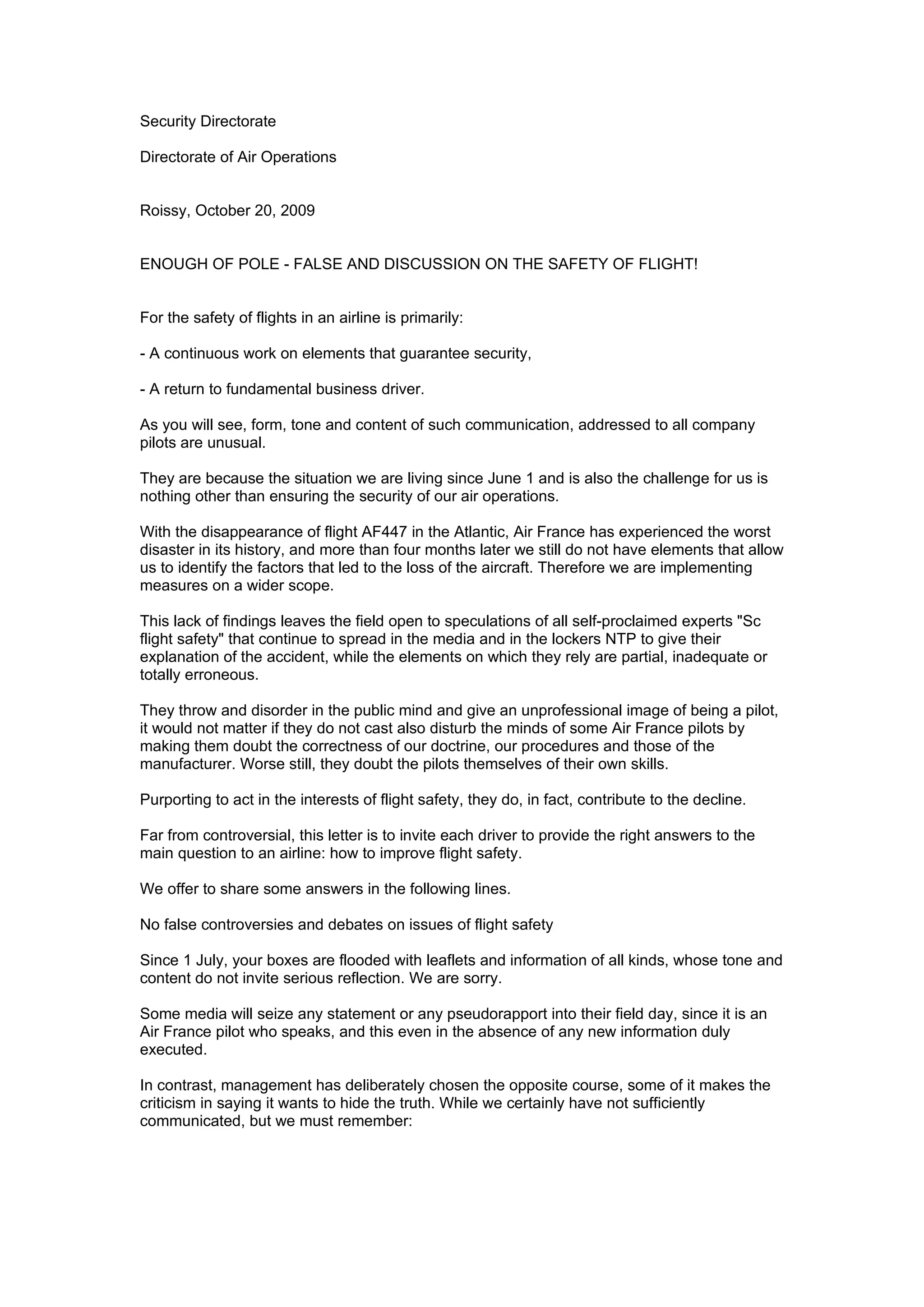 Air France Memo To Pilots Google Translation | DOC